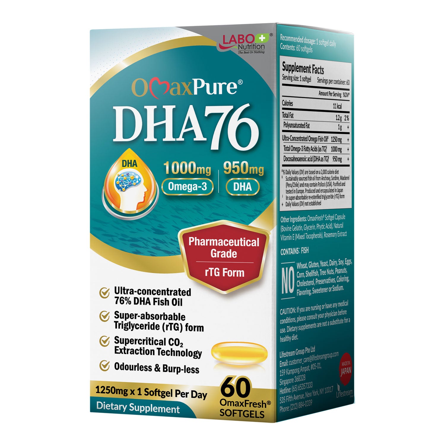 LABO Nutrition OmaxPure DHA76 Omega 3 Fish Oil, Ultra-Concentrated DHA ...